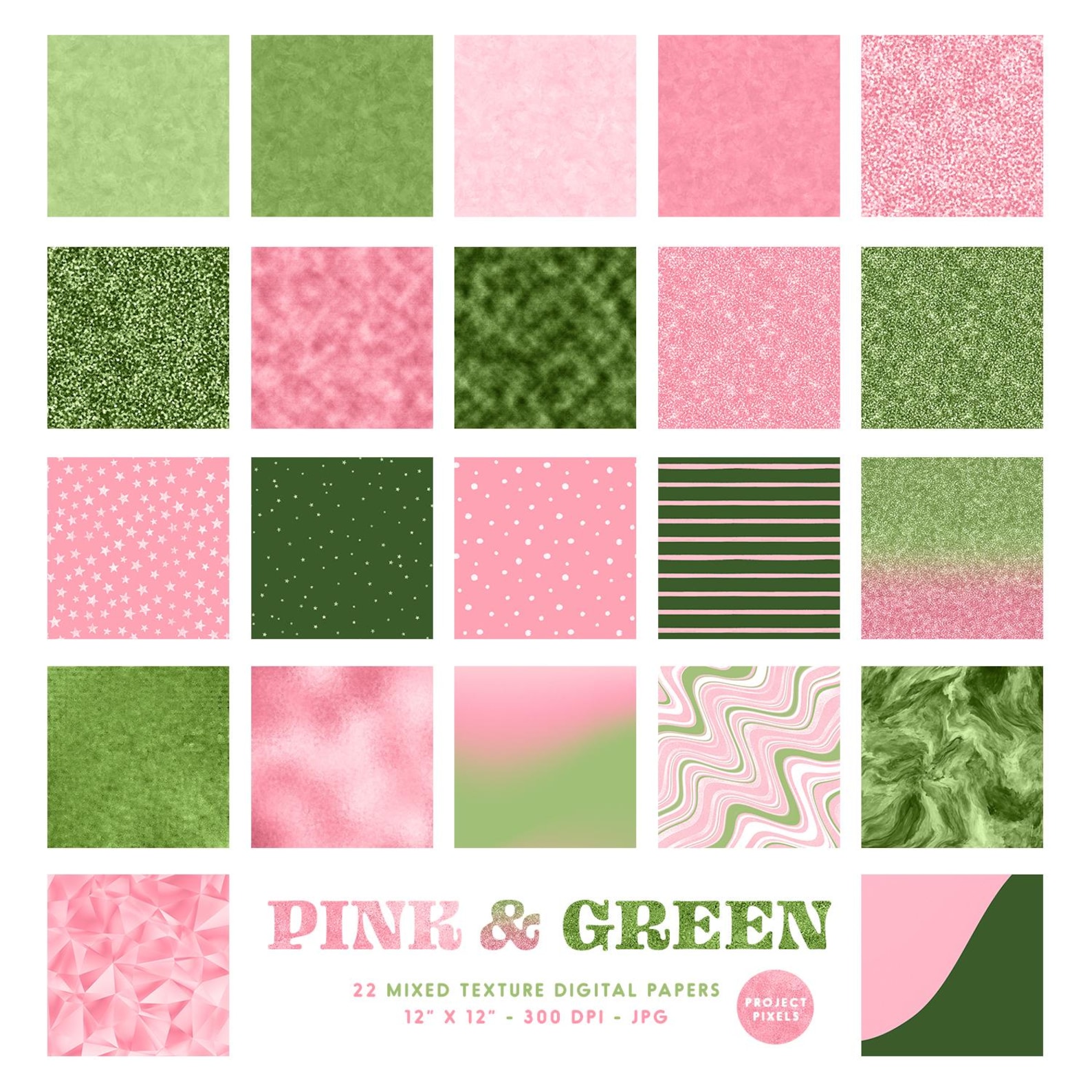 Pink and Green Mix, Digital Paper Pack, Mixed Media Textures, Wicked ...