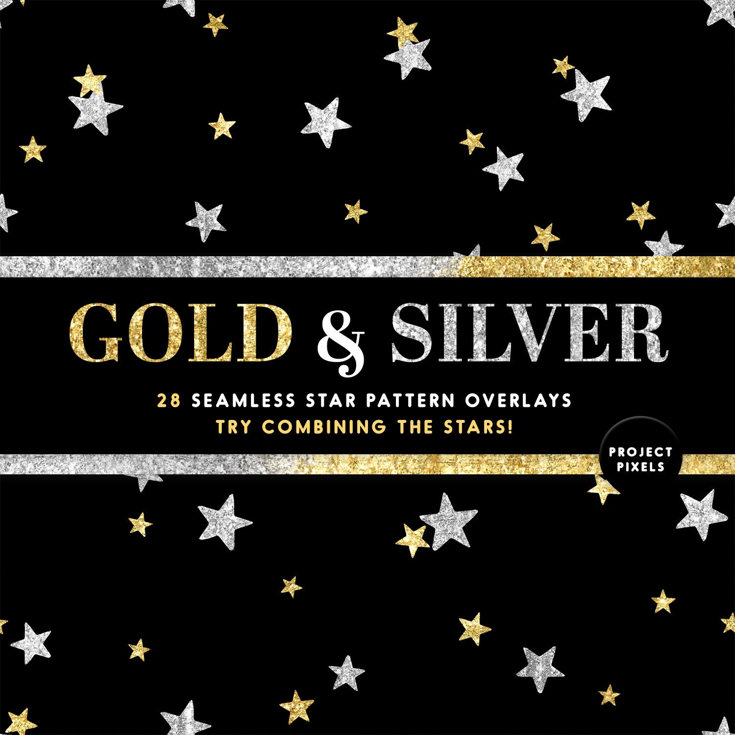 Gold and Silver Glitter Stars, Seamless Patterns, Star Overlays ...