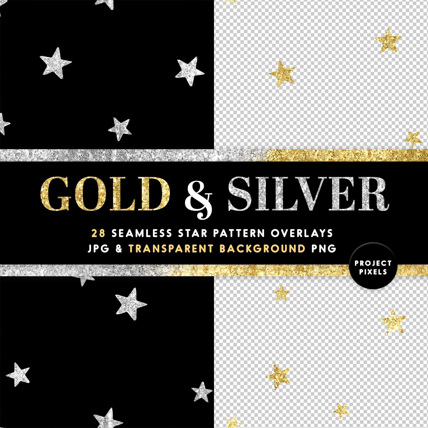 Gold and Silver Glitter Stars, Seamless Patterns, Star Overlays ...