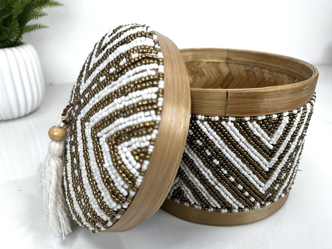 TRINKET BEADED BOX, Round Beaded Basket, Hand Woven Basket, Decorative Beaded Basket, Bali ...