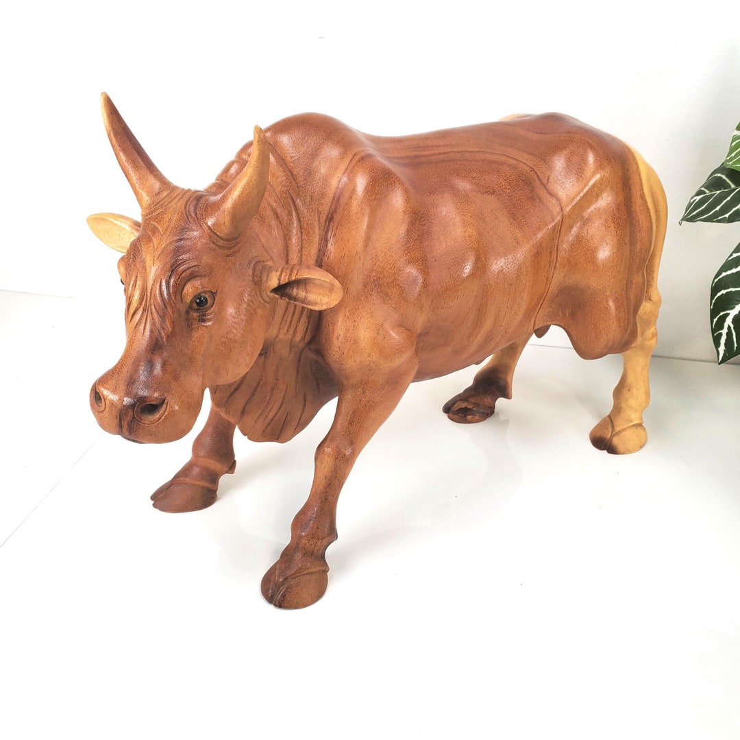 BULL WOOD SCULPTURE, Wooden Bull Figurine, Hand-carved Bull, Balinese ...