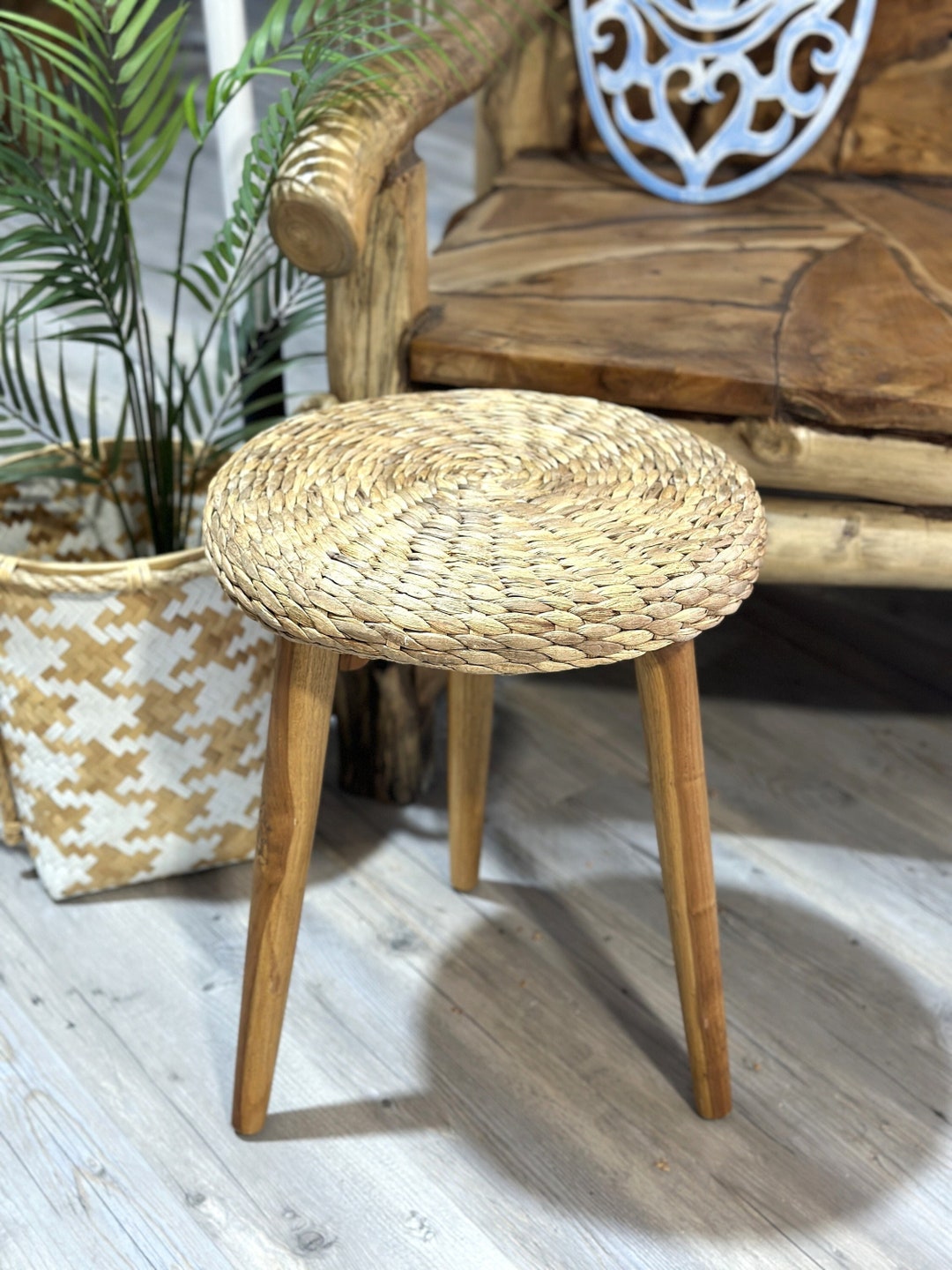 WICKER RATTAN STOOL, Woven Stool, Accent Stool, Wicker Stool, Coastal ...
