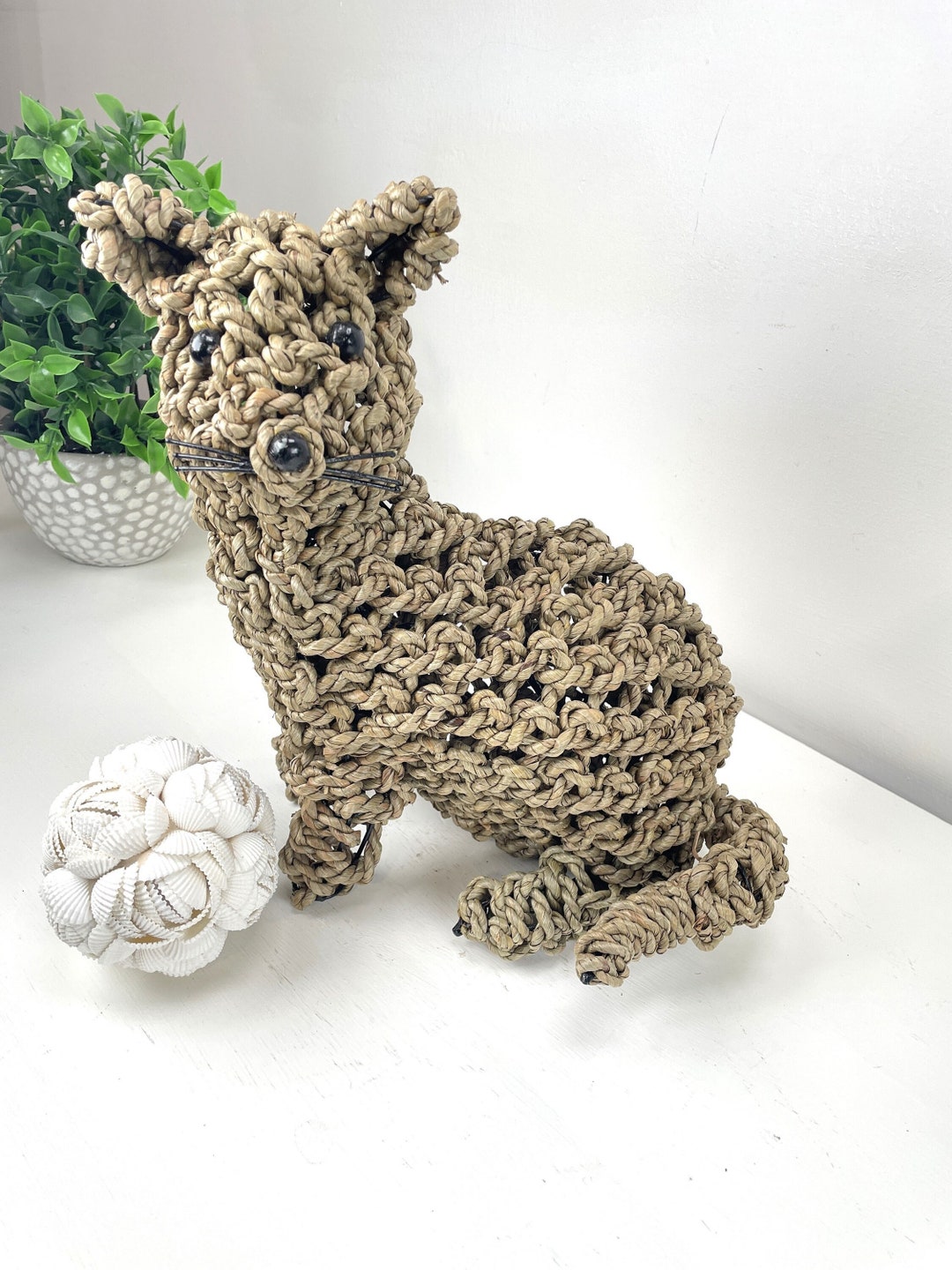 SEAGRASS CAT ORNAMENT, Handmade Rope Cat Statue, Indonesian Rattan Cat ...