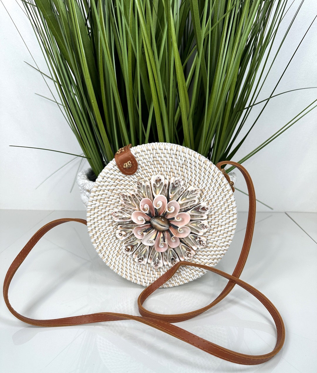 HANDWOVEN RATTAN BAG, Round Boho Crossbody, Round Bali Bag, Beachy Chic ...