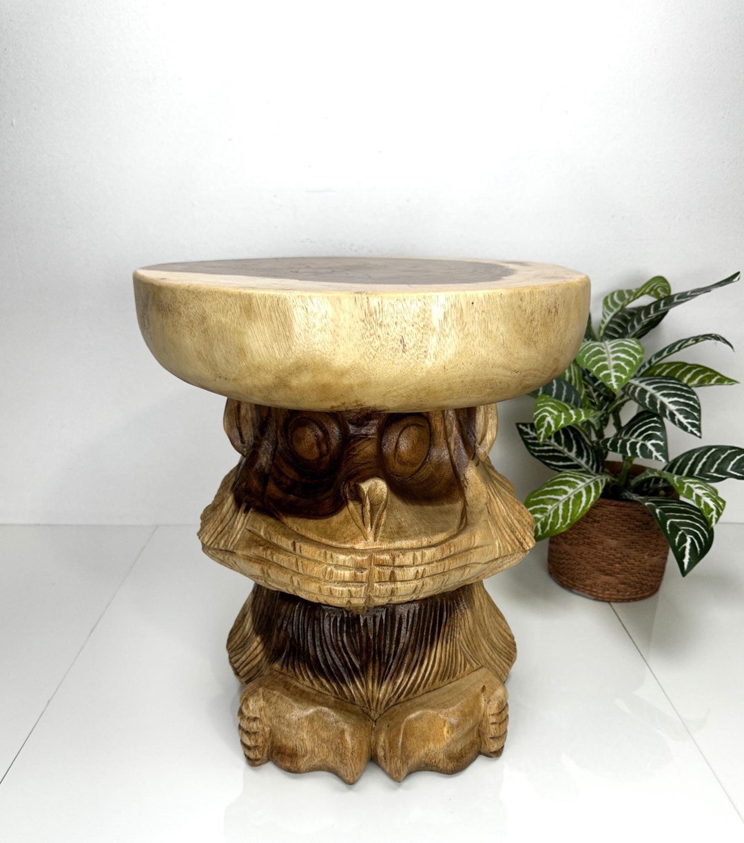 CARVED MONKEY STOOL, Wood Carved Stool, Small Plant Stand, Garden Stool ...