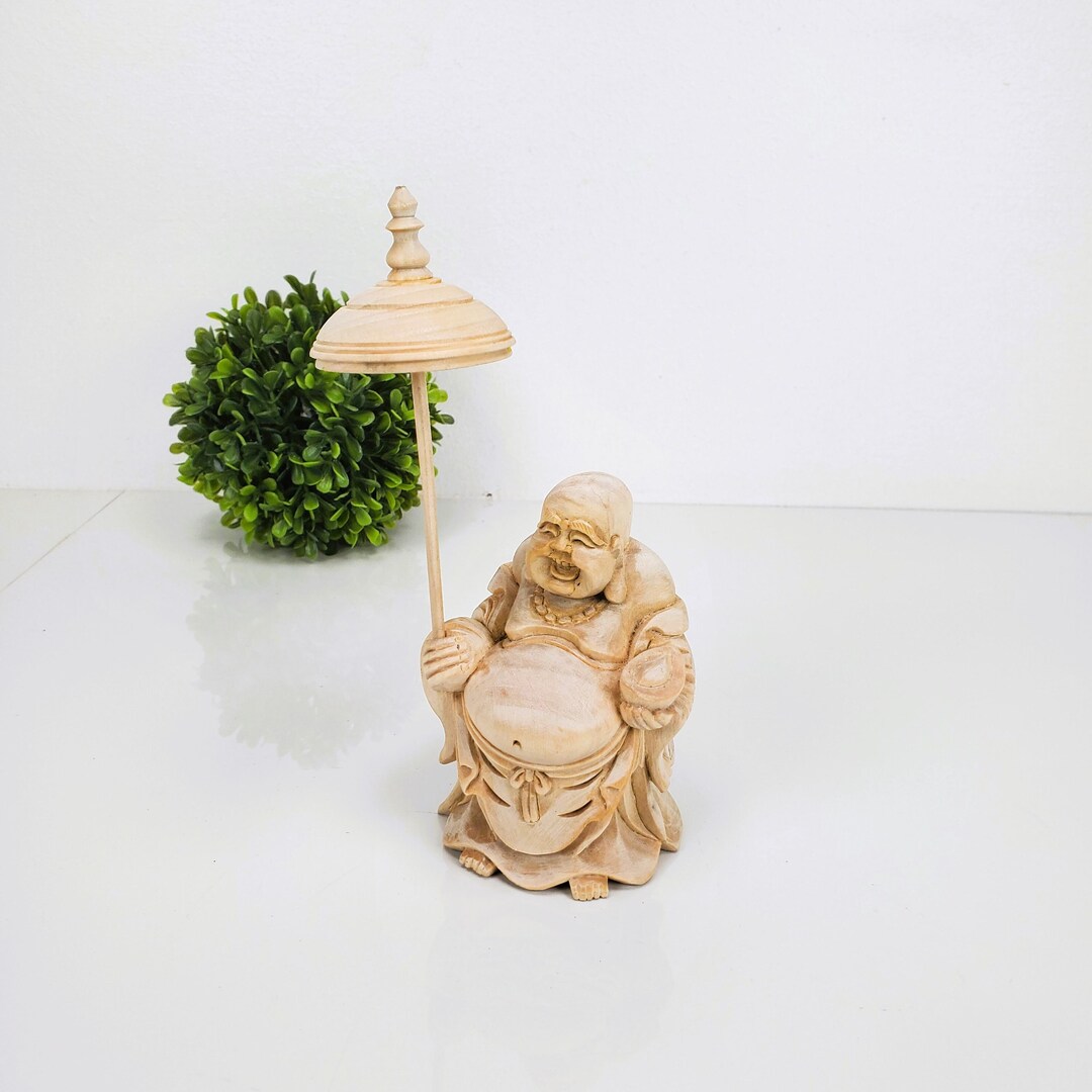 HAPPY BUDDHA FIGURINE, Buddha With Umbrella, Peaceful Buddha Figurine ...