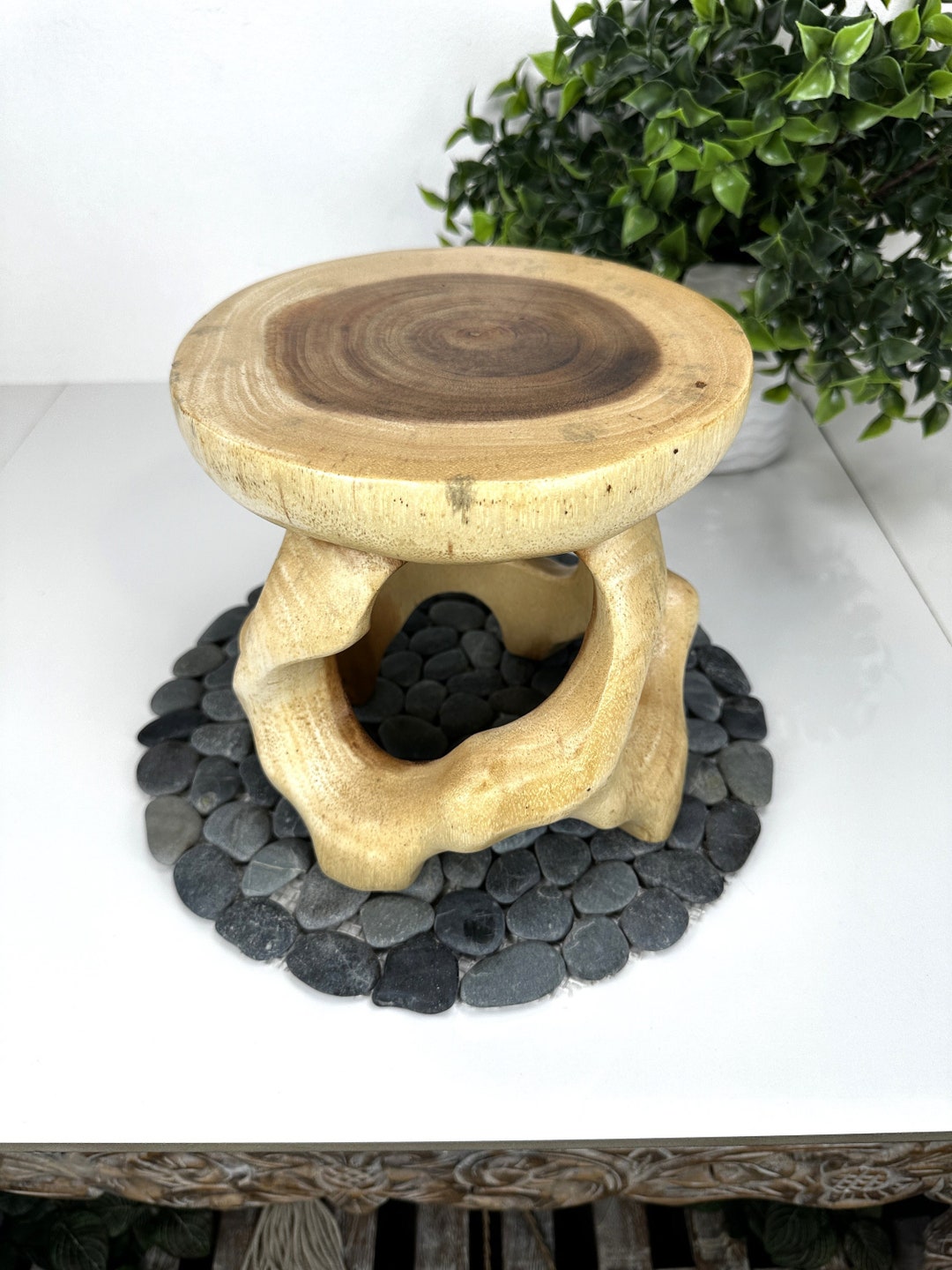 CARVED WOOD MEDITATING Stool, Live Edge Altar, Handmade Altar, Teak ...