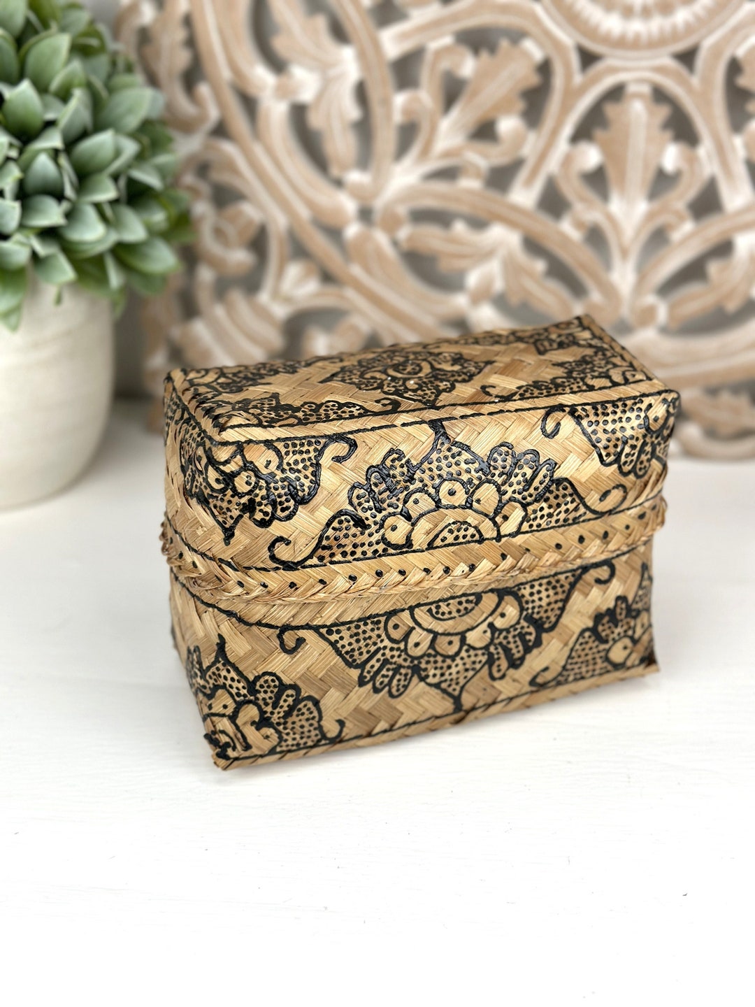 PAINTED MANDALA BOX, Hand Crafted Box, Natural Bamboo Box, Rattan Bali ...