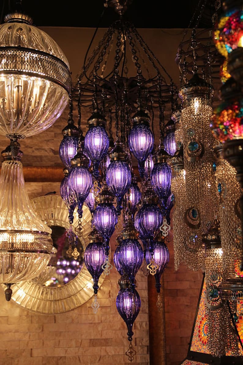 Purple Turkish Chandelier, 25 Lamps, Blown Glass Chandelier, Large ...