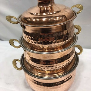 3x Turkish Copper Pot Set of Three, Handmade Copper Cooking Pot Set of ...