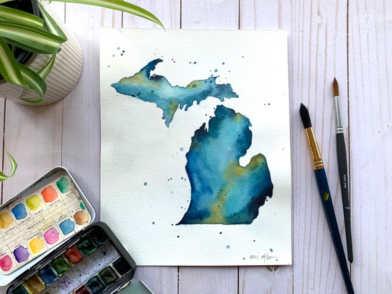 Watercolor Michigan Art Print Blue Watercolor State - Etsy