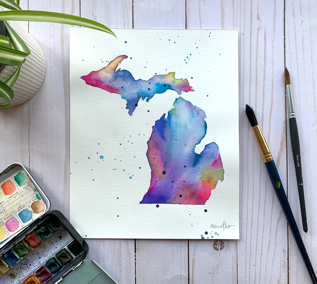Watercolor Michigan Art Print - Bright | Watercolor State Painting ...