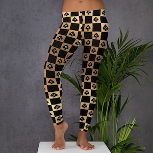 Queen of Spades Leggings - Gold and Black Checkerboard Design With ...