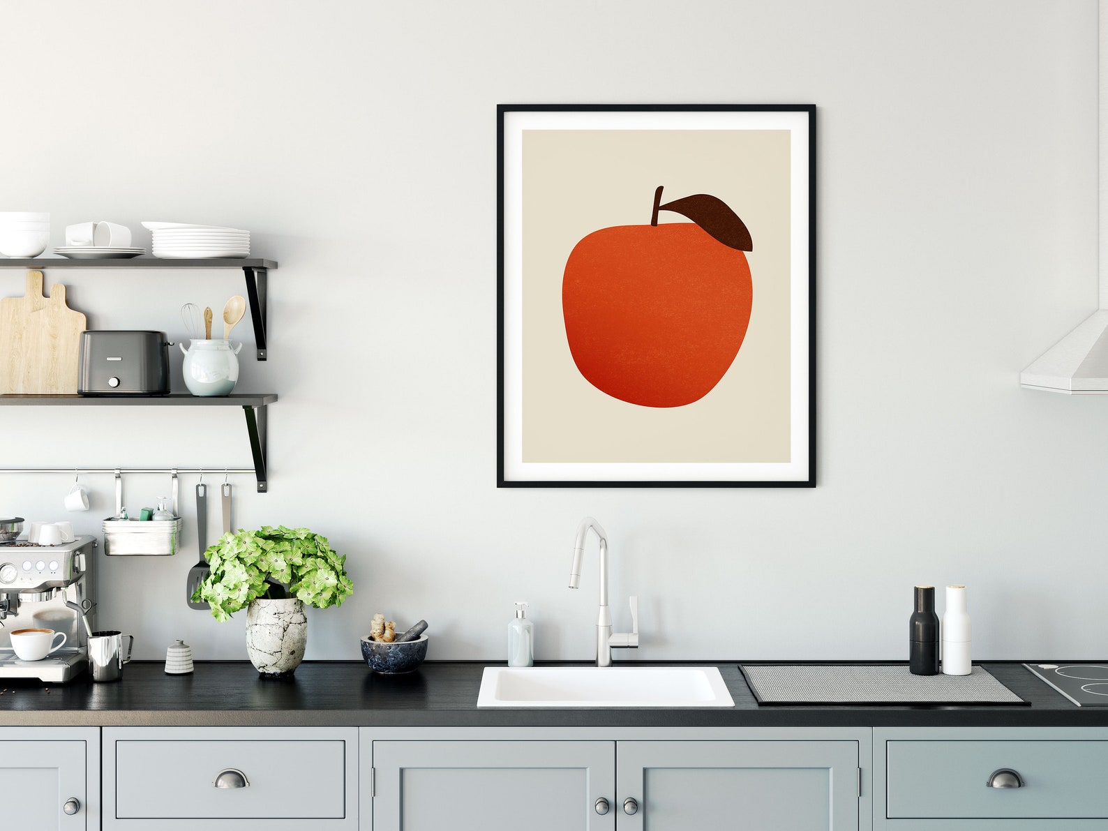 Red Apple Art Print, Kitchen Wall Art, Mid Century Kitchen Fruit Print ...