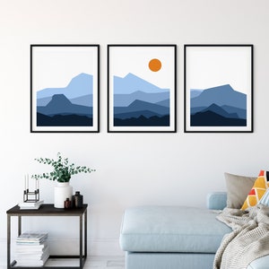 SET of 3, Abstract Landscape Triptych Blue & Orange Print Minimalist ...