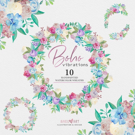 Boho Watercolor Clipart Floral Wreaths Hand Painted Clipart | Etsy