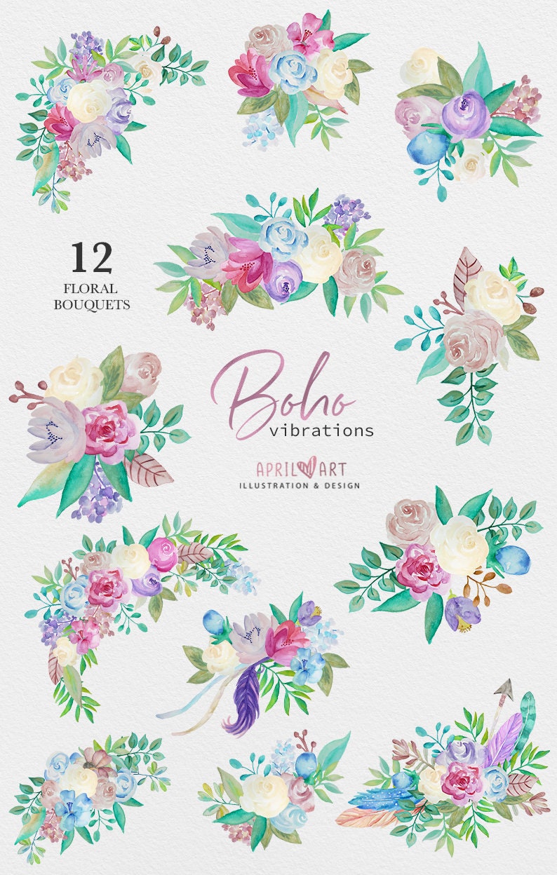 Boho Watercolor Clipart Floral Wreaths Hand Painted Clipart | Etsy