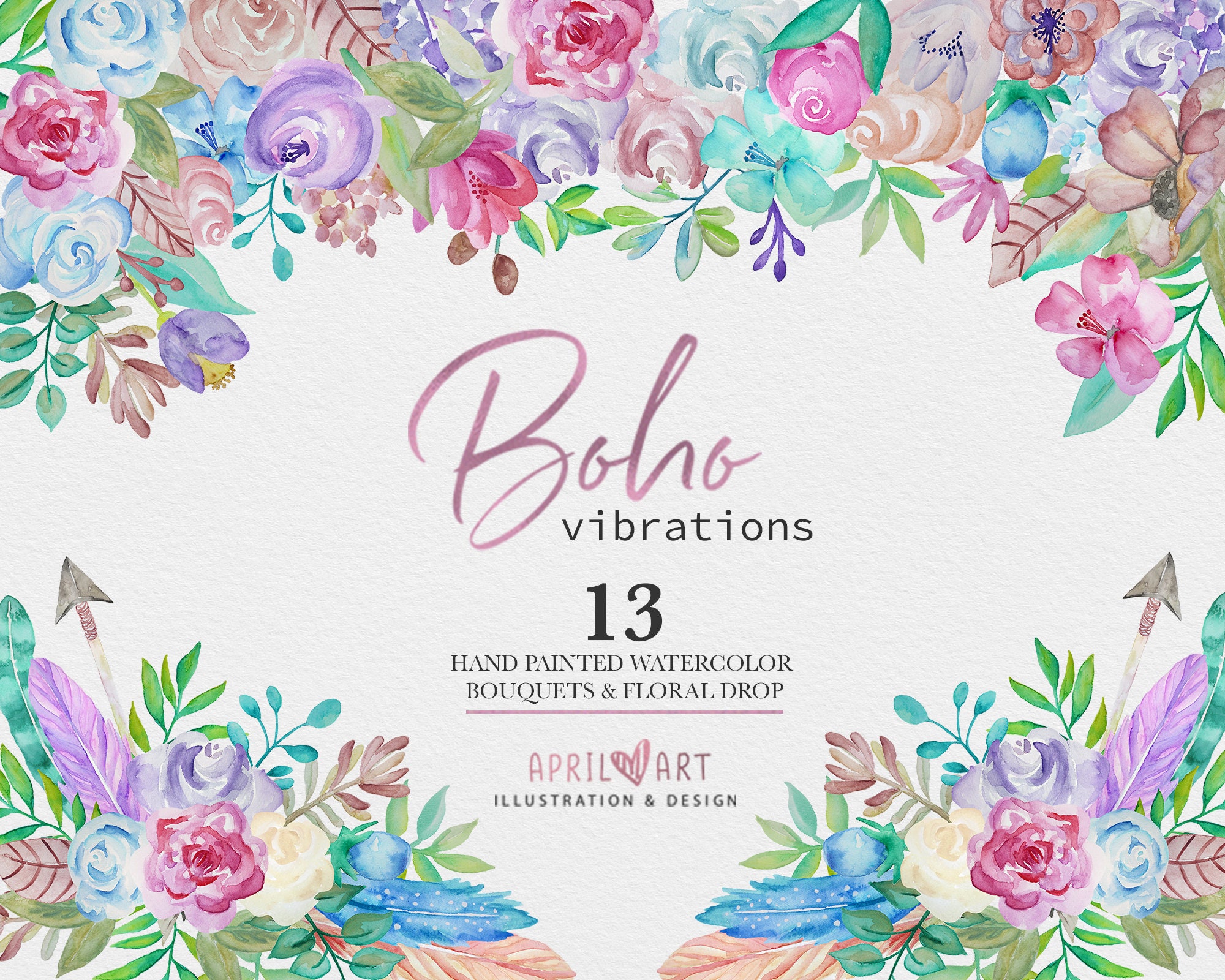 Boho Watercolor Clipart Floral Wreaths Hand Painted Clipart - Etsy