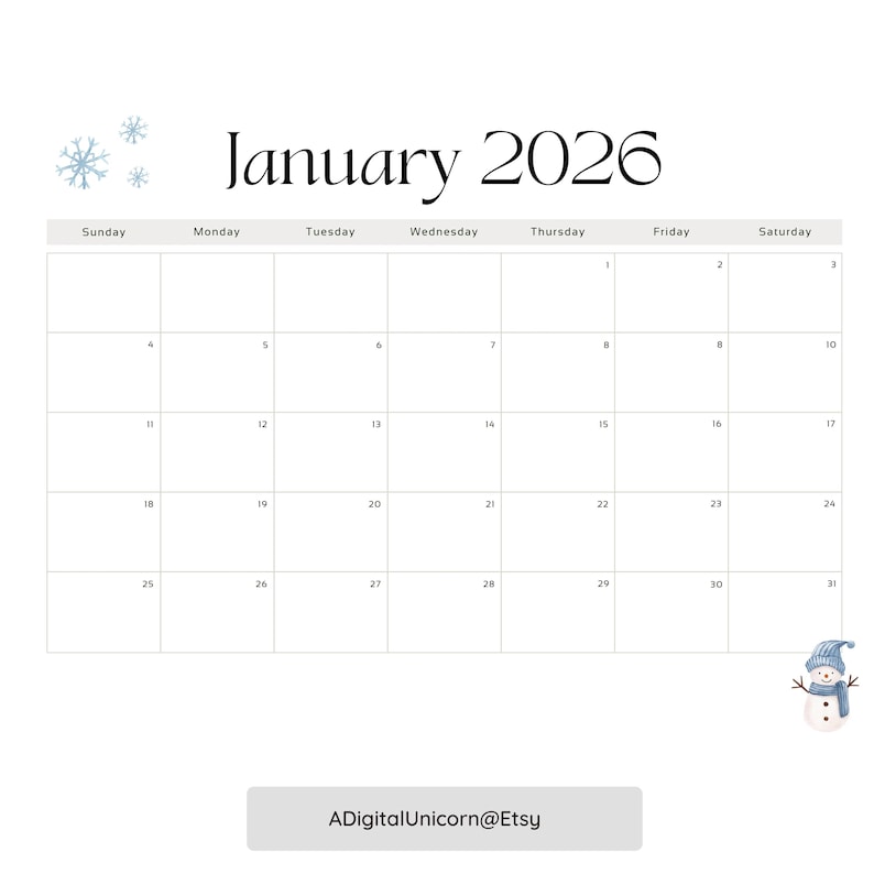 PRINTABLE Dated January 2026 Minimalist Monthly Calendar Printable ...
