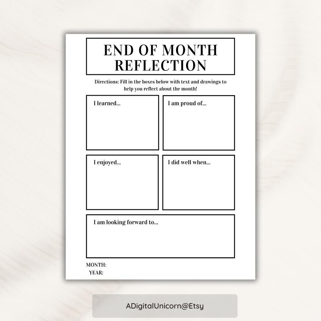 PRINTABLE Monthly Reflection ,end of Month Reflection, Journal Page ...
