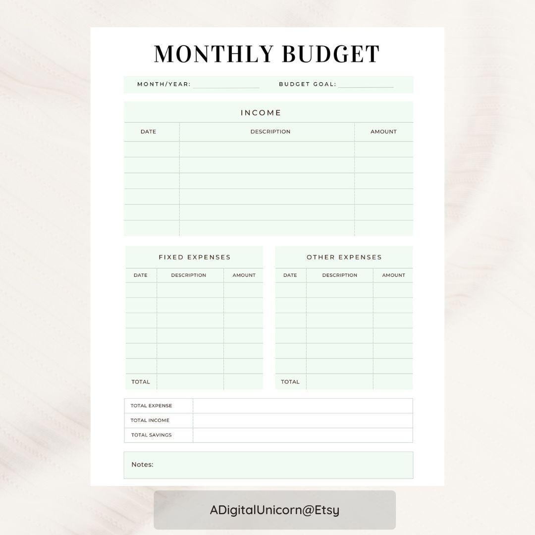 PRINTABLE Monthly Budget Spreadsheet, Simple Annual Budget, Personal ...