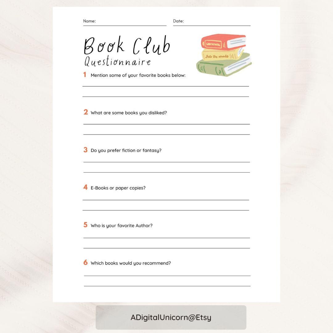 PRINTABLE Book Club Survey Questionnaire, Reading Group What to Read ...