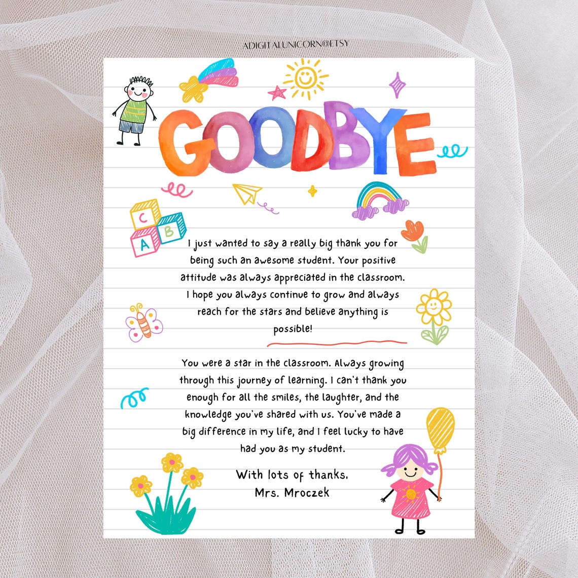 PRINTABLE Goodbye Letter to Student Teacher Goodbye Letter Poem End of ...