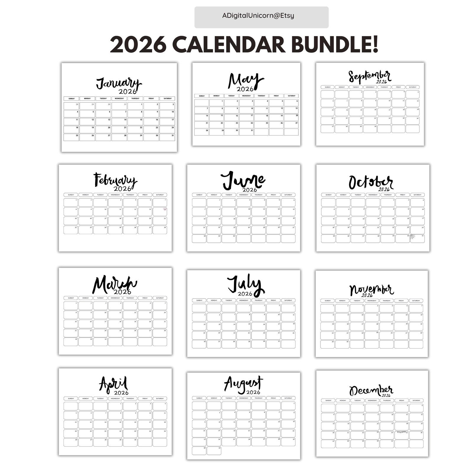 PRINTABLE 2026 Calendar Bundle, Monthly Planner 2026, Printable 2026 ...