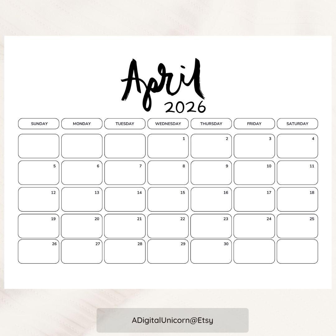 EDITABLE Dated April 2026 Minimalist Monthly Calendar Printable, Simple ...
