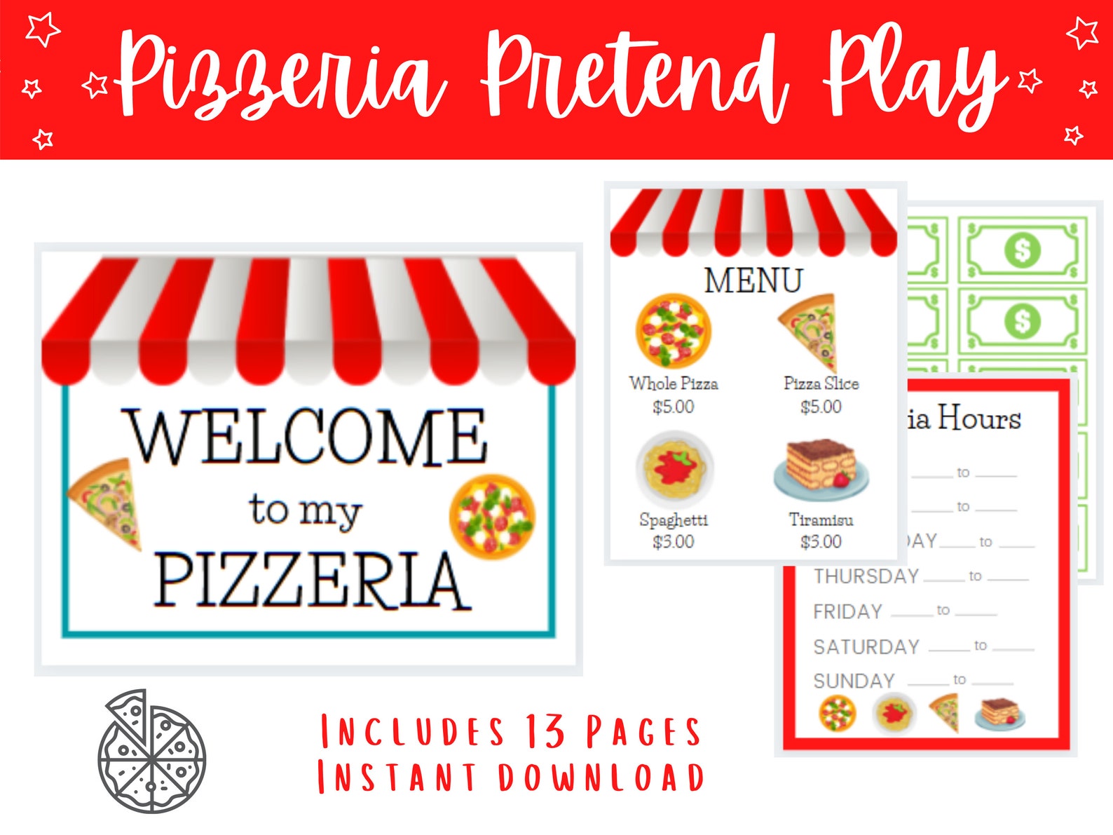 Pizzeria Pretend Play Printable, Play Restaurant, Toddler Preschool ...