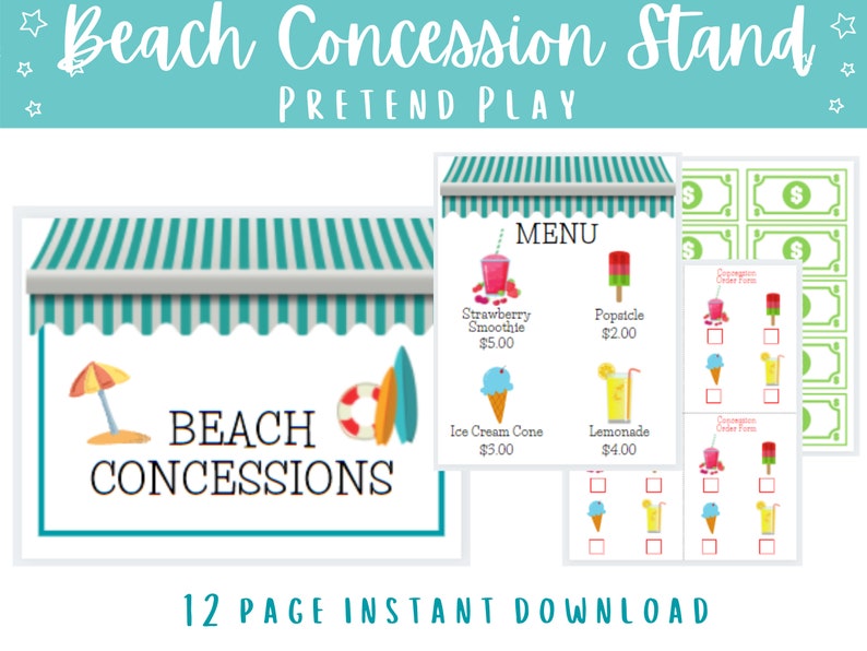 Beach Concession Stand Pretend Play Printable, Play Restaurant, Toddler ...