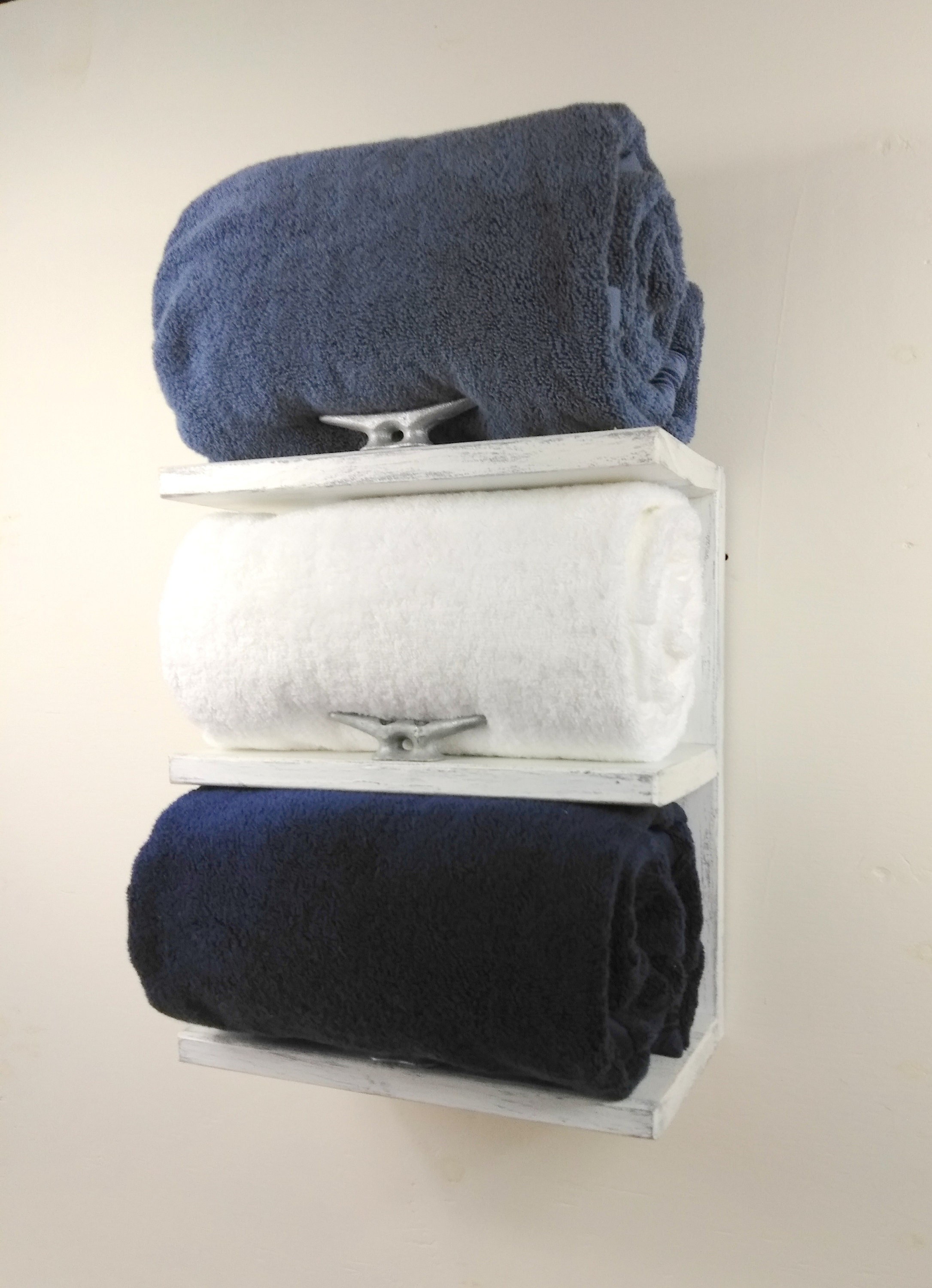 White Hotel Style Towel Rack With Shelf Rustic Boat Cleat - Etsy