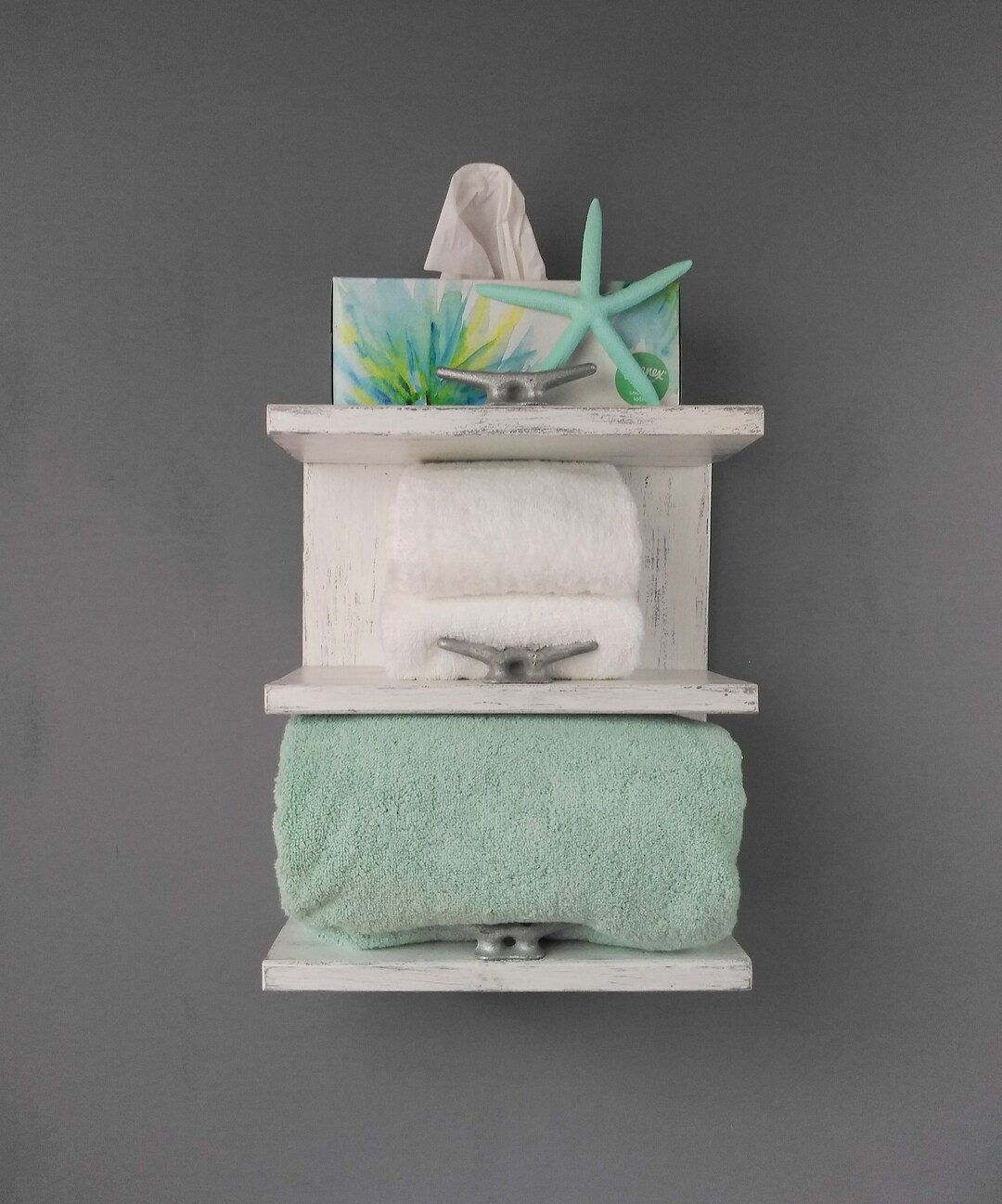 White Hotel Style Towel Rack With Shelf – Rustic Boat Cleat Towel Rack ...
