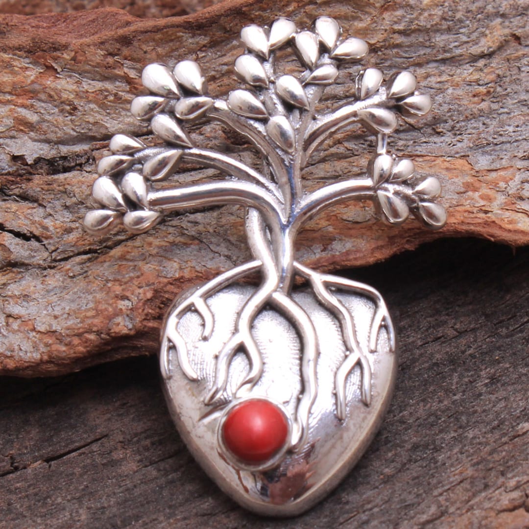 Coral Gemstone Tree of Life With Roots Pendant Jewelry 925 Sterling ...