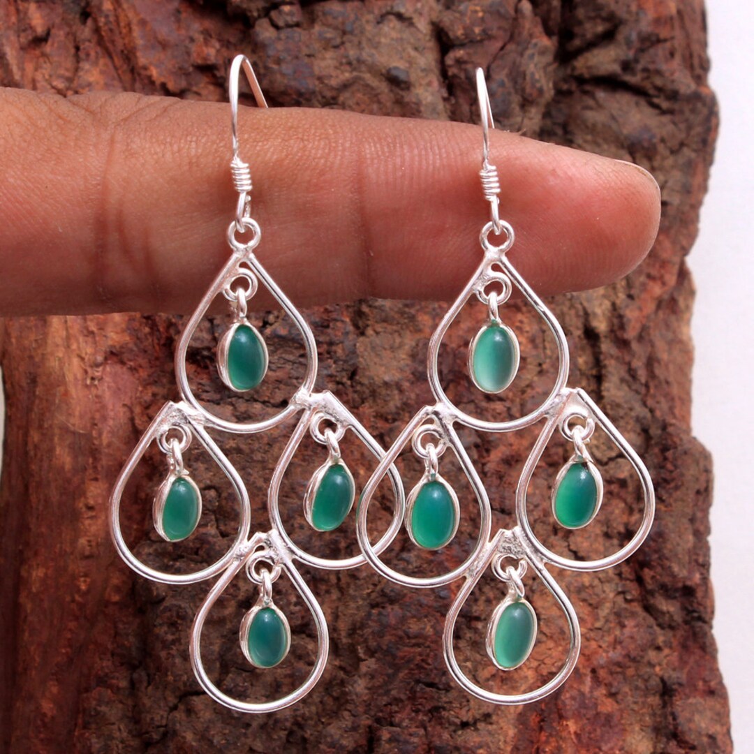 Stylish Pear Shape Green Onyx Gemstone Earring 925 Sterling Silver ...