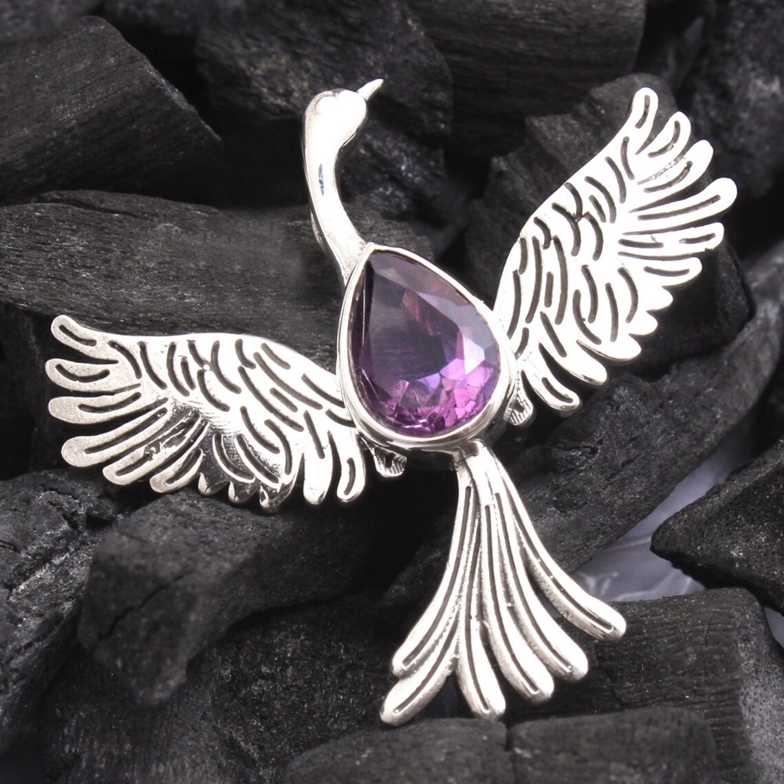 Phoenix Bird Pendant Silver Jewelry Amethyst Pendant Animal - Etsy