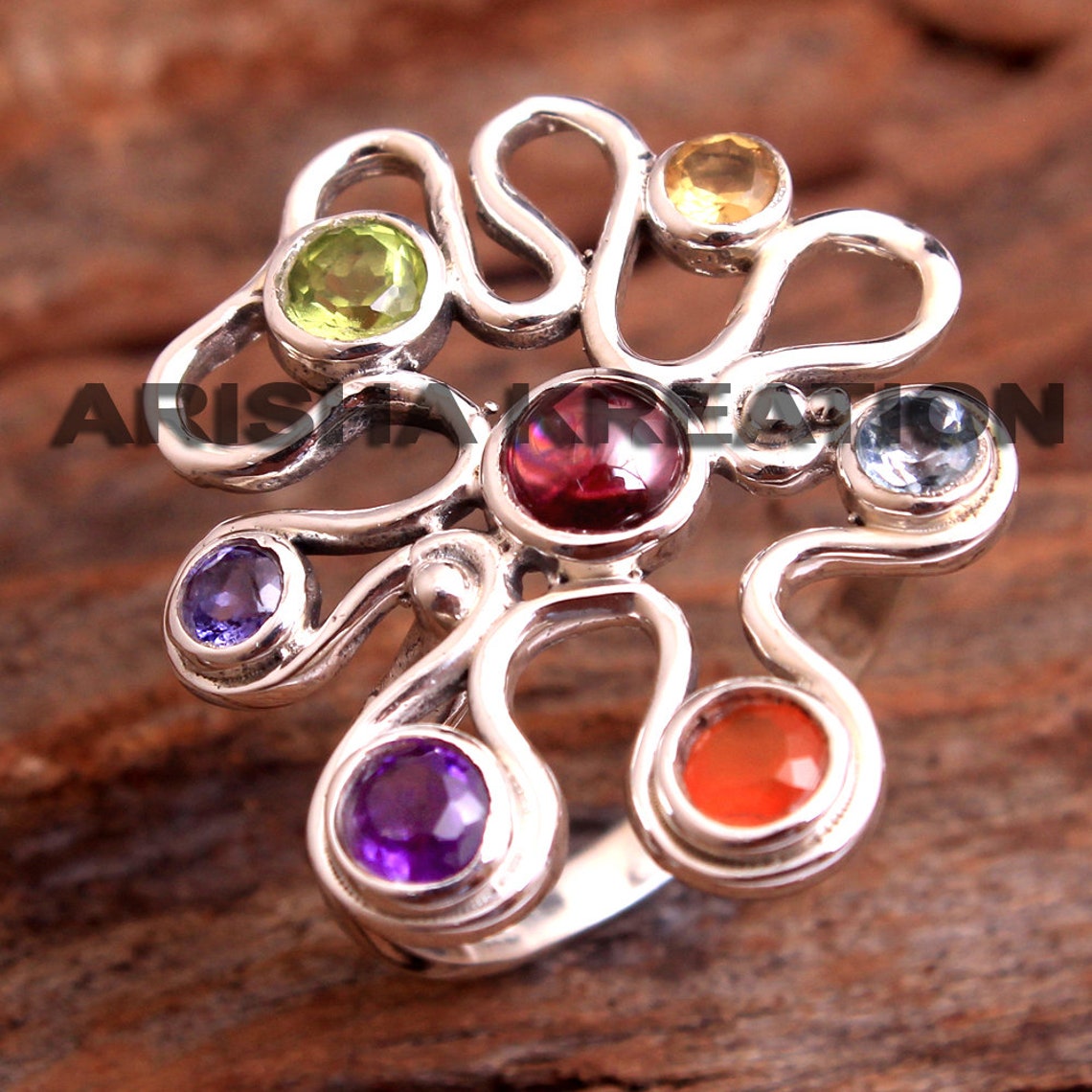 Garnet or Multi Round Gemstone Floral Design Silver Ring for Gift - 925 ...