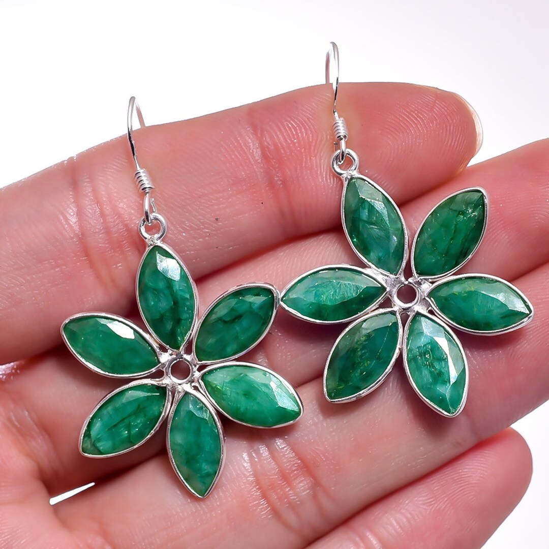 SALE Emerald Gemstone Pretty Flower Earring 925 Sterling Silver Drop ...