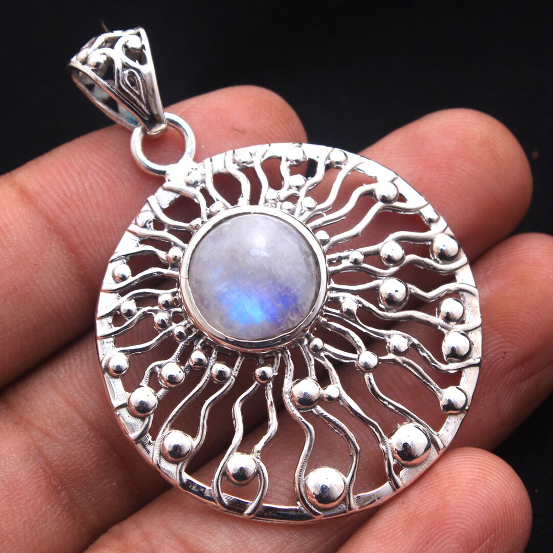 Stunning Natural Moonstone Round Shape Gemstone Pendant - 925 Sterling ...