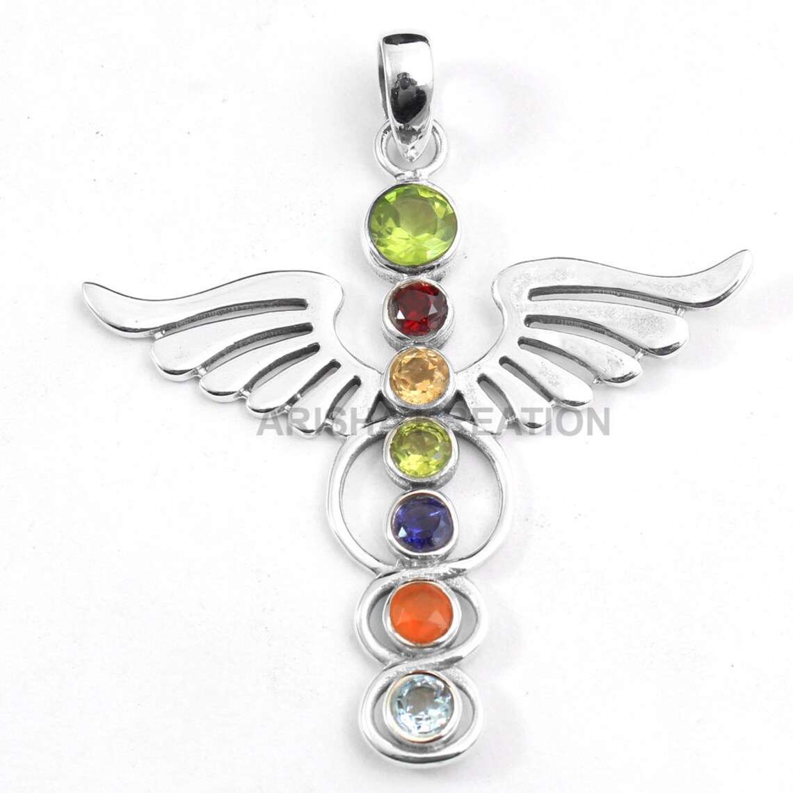 Multi Gemstone Pendant Winged Caduceus Chakra Pendant 925 Sterling ...