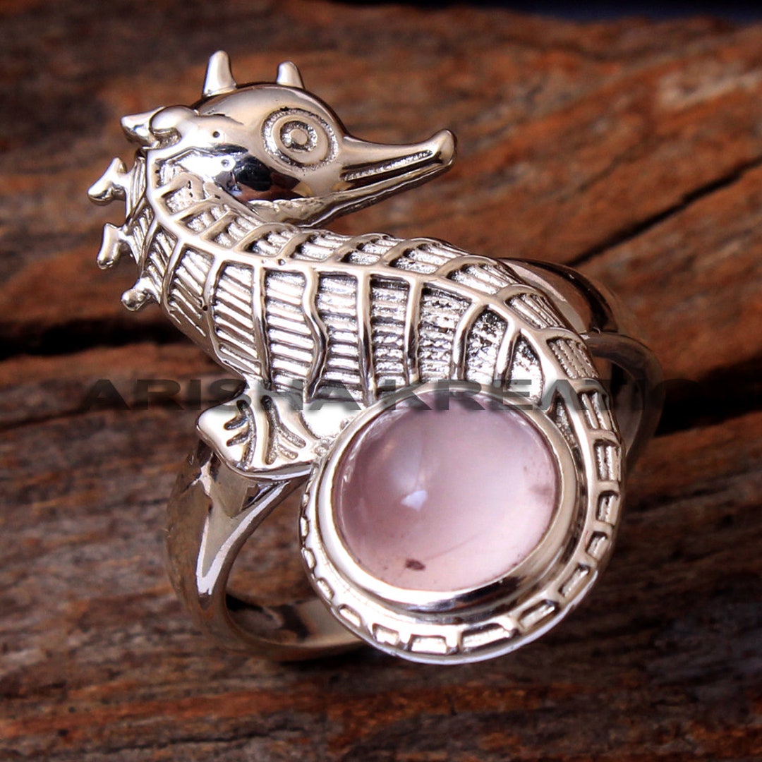 Buy Rose Quartz Round Shape Gemstone Dragon Silver Ring for Gift 925 ...