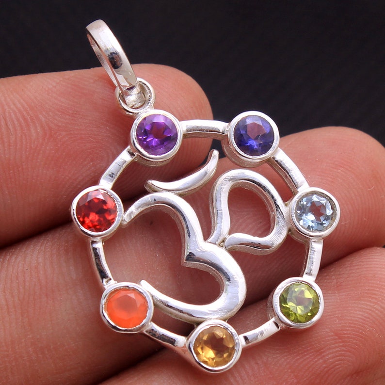 Spiritual Faceted Round 7 Gemstone Om Aum Chakra Pendant 925 | Etsy