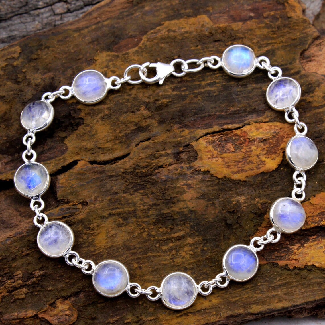 Rainbow Moonstone Natural Round Shape Gemstone Bracelet 925 | Etsy