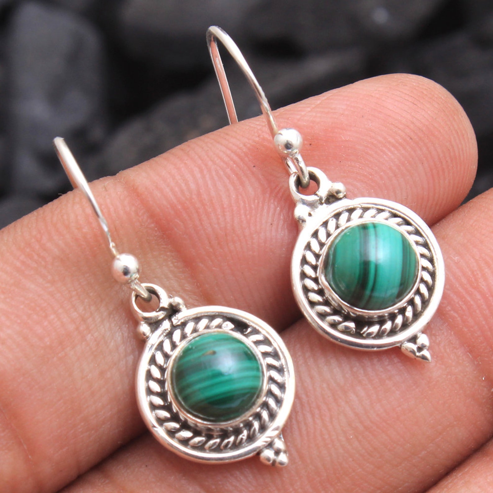 Stunning Malachite Round Shape Gemstone Pretty Earring 925 | Etsy