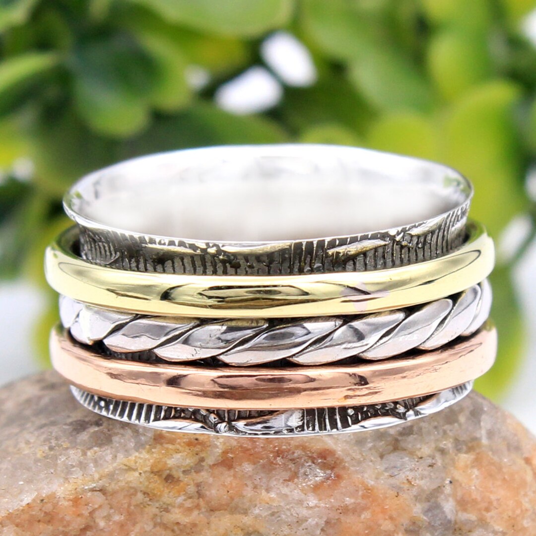 Spinner Ring, Meditation Ring, Three Tone Ring, Sterling Silver, Worry ...