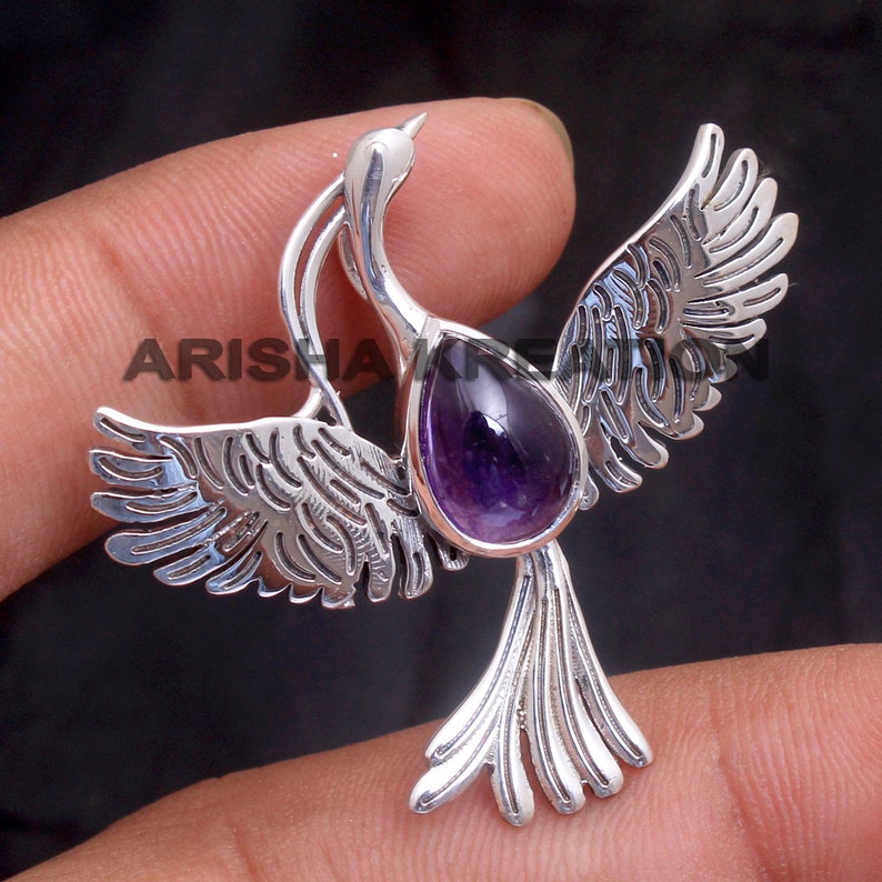 Amethyst Pear Shape Gemstone Phoenix Bird Pendant for Black | Etsy