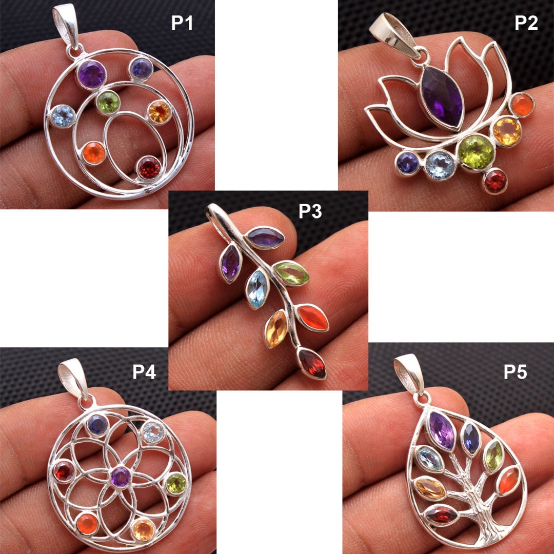 Solid Multi Gemstone Stylish Pendant 925 Sterling Silver - Etsy
