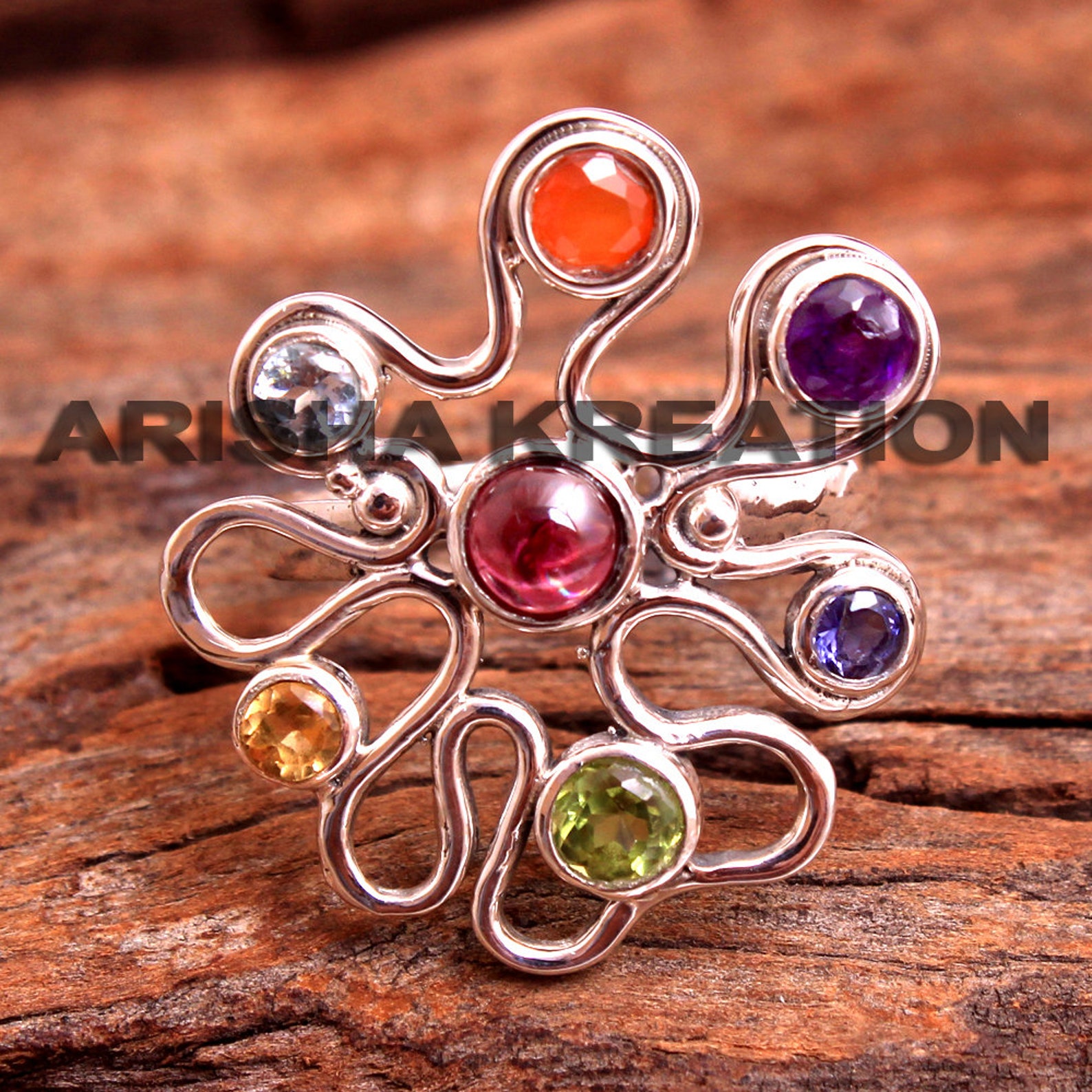 Garnet or Multi Round Gemstone Floral Design Silver Ring for Gift - 925 ...