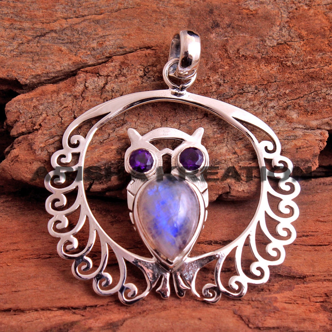 Moonstone Amethyst Pear Gemstone Owl Pendant for Easter Sale - 925 ...