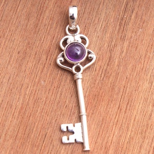 Key Shape Natural Amethyst Round Shape Gemstone Stylish Pendant - 925 ...
